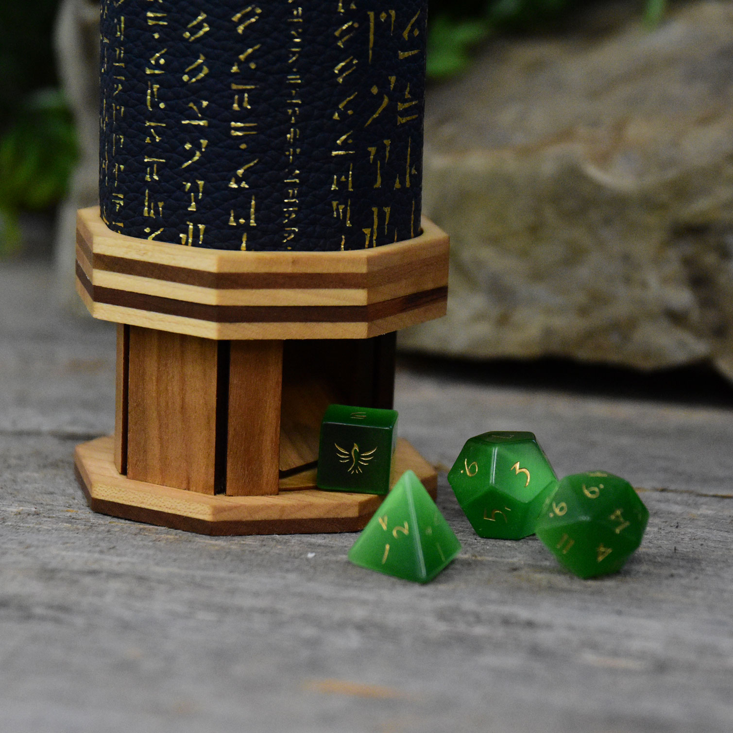 Codex Dice Tower – Gold Runes on Lapis – Elderwood Academy