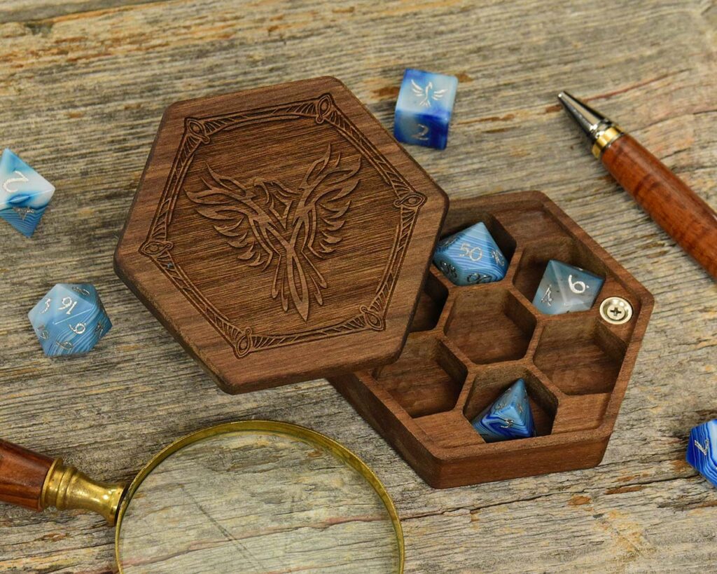 Hex Chest Dice Box- Eagle on Walnut - Elderwood Academy