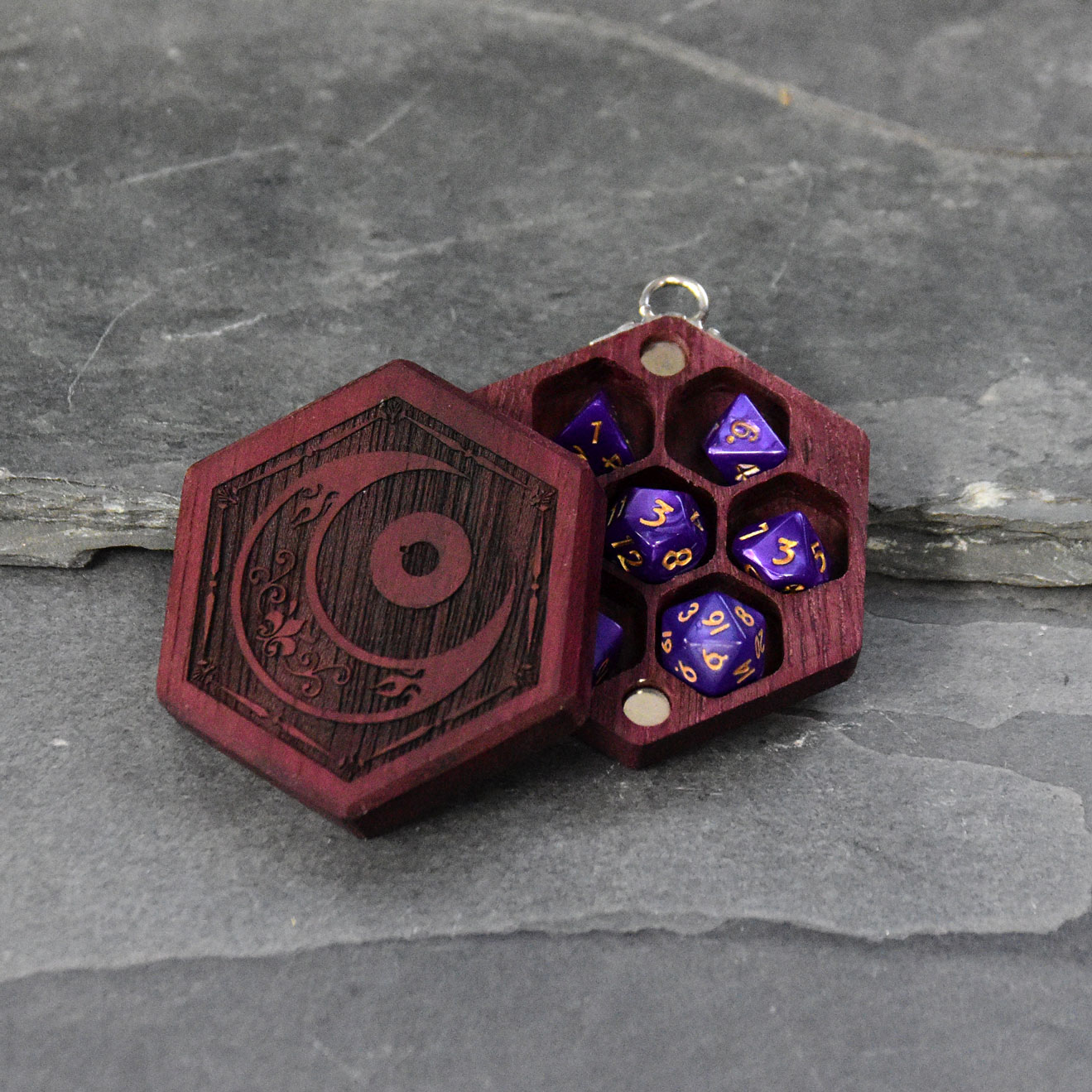 Mini Hex Chest Dice Box – Purpleheart Mystic Eye – Elderwood Academy